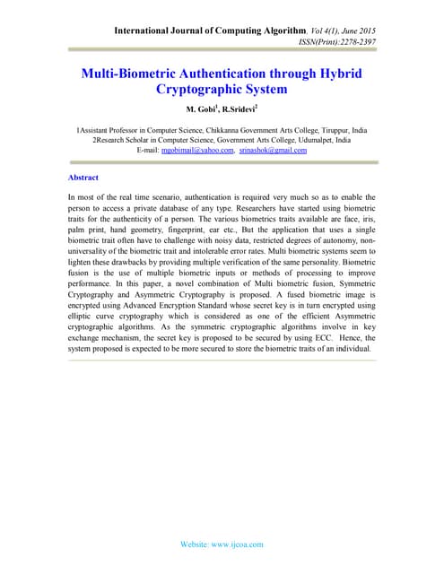 Multi Biometric Authentication Through Hybrid Cryptographic System Pdf