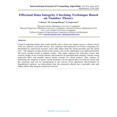 Effectual Data Integrity Checking Technique Based On Number Theory Pdf