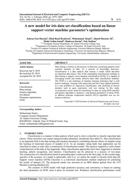A New Model For Iris Data Set Classification Based On Linear Support Vector Machine Parameters 7141
