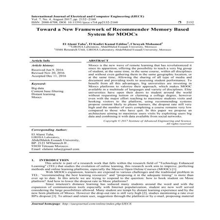 Toward A New Framework Of Recommender Memory Based System For Moocs Pdf