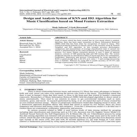 Design And Analysis System Of Knn And Id3 Algorithm For Music