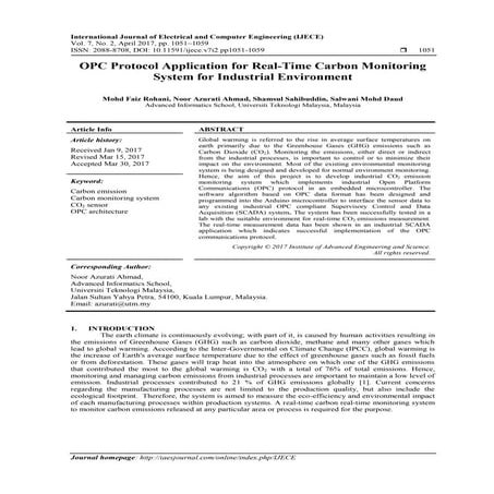 Opc Protocol Application For Real Time Carbon Monitoring System For