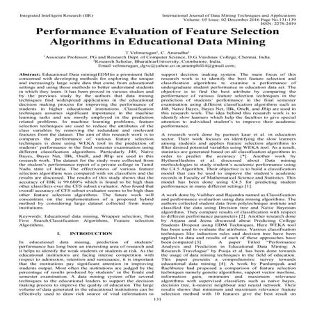 Performance Evaluation Of Feature Selection Algorithms In Educational