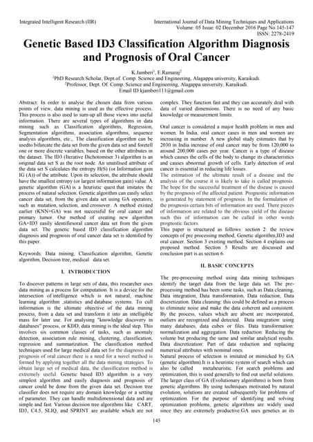 Genetic Based Id3 Classification Algorithm Diagnosis And Prognosis Of Oral Cancer Pdf