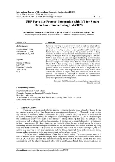 Udp Pervasive Protocol Integration With Iot For Smart Home Environment Using Labview Pdf