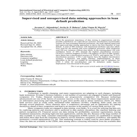 Supervised And Unsupervised Data Mining Approaches In Loan Default Prediction Pdf