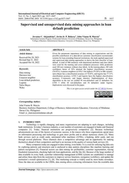 Supervised And Unsupervised Data Mining Approaches In Loan Default Prediction Pdf