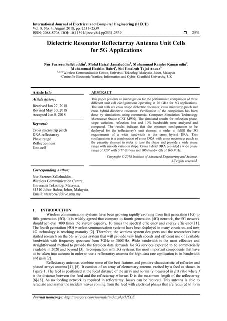 Dielectric Resonator Reflectarray Antenna Unit Cells For 5g Applications Pdf Physics Science