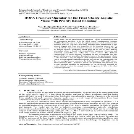 HOPX Crossover Operator for the Fixed Charge Logistic Model with Priority Based Encoding | PDF