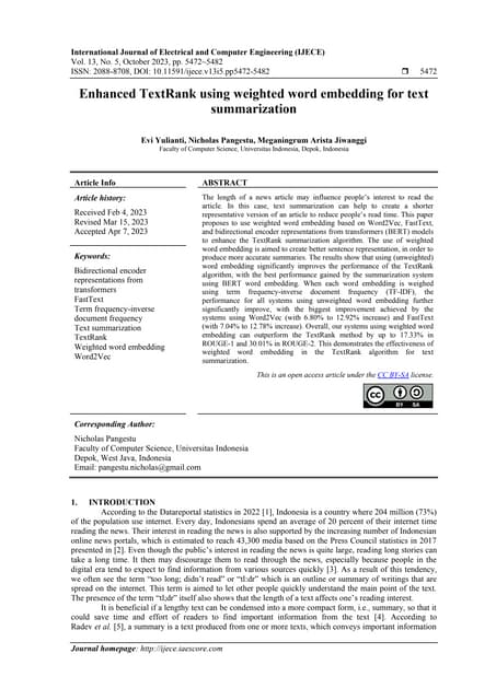 Enhanced Textrank Using Weighted Word Embedding For Text Summarization