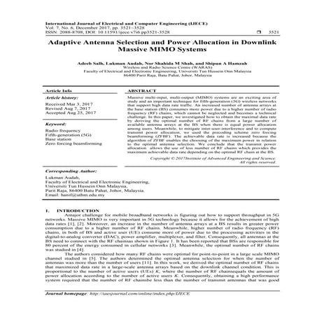 Adaptive Antenna Selection And Power Allocation In Downlink Massive Mimo Systems Pdf