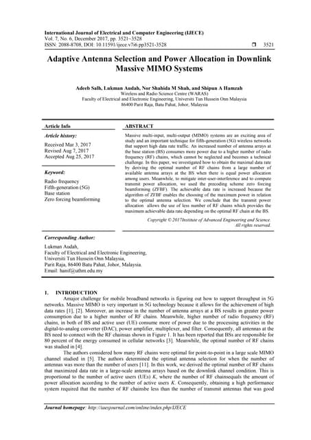 Adaptive Antenna Selection And Power Allocation In Downlink Massive Mimo Systems Pdf