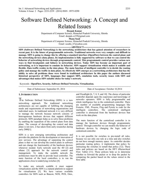 Software Defined Networking (SDN): centralized, programmable network management architecture. | PPTX