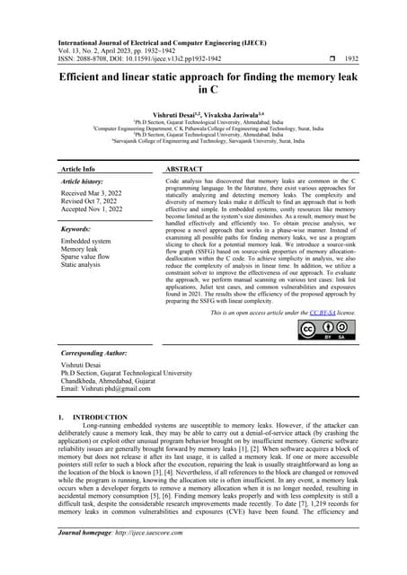 Efficient And Linear Static Approach For Finding The Memory Leak In C Pdf