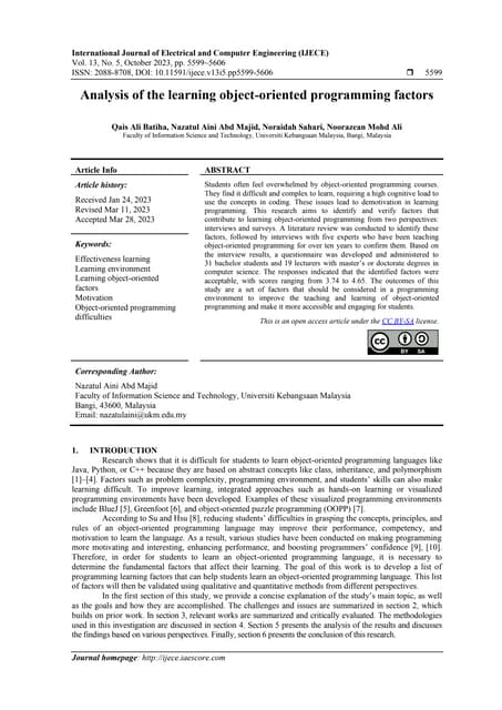 Analysis of the learning object-oriented programming factors | PDF Analysis of the learning object-oriented programming factors | PDF