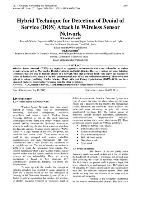 Hybrid Technique For Detection Of Denial Of Service Dos Attack In Wireless Sensor Network