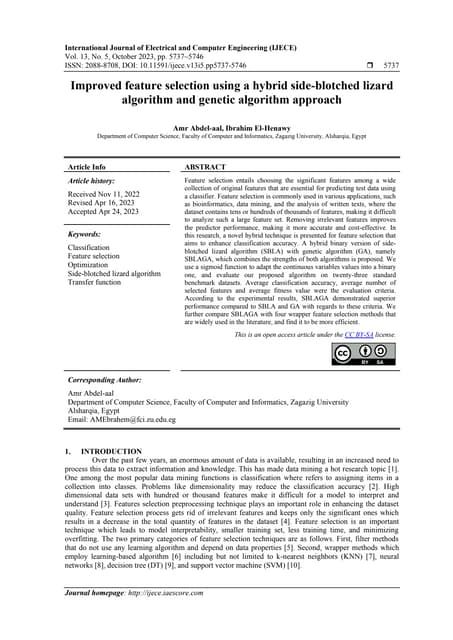 Improved Feature Selection Using A Hybrid Side Blotched Lizard Algorithm And Genetic Algorithm