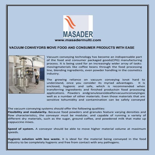 VACUUM CONVEYORS MOVE FOOD AND CONSUMER PRODUCTS WITH EASE | PDF