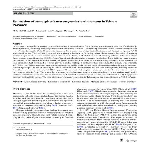 Estimation of atmospheric mercury emission inventory in Tehran province | PDF