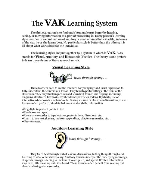 The VAK model. Learning Styles. | PPTX