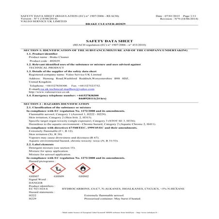 Valeo Braking Systems Brake Cleaner material safety data sheet 402029 | PDF