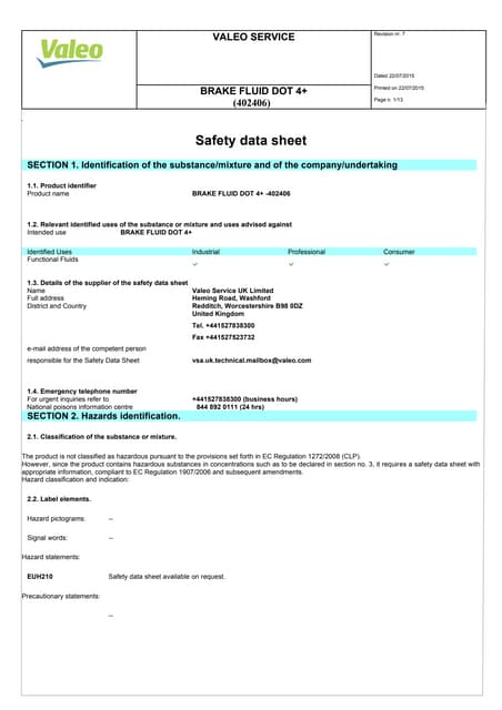 Valeo Braking Systems Brake Fluid DOT3 material safety data sheet 402413 | PDF