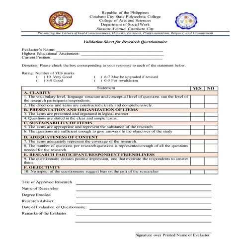 Validation Sheet For Research Instrument Docx
