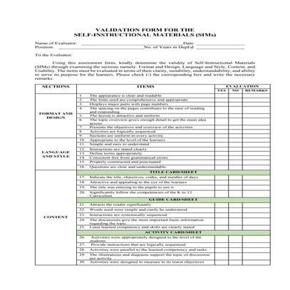 Validation Form for the Self-Instructional Materials (SIMs) | PDF
