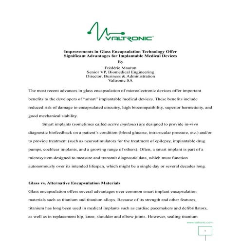 Valtronic Glass Encapsulation for Medical Implants | PDF