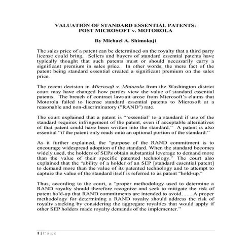Valuation of Standard Essential Patents by Michael Shimokaji | PDF