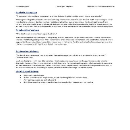 Artistic Integrity, Production and Profession Values | DOCX