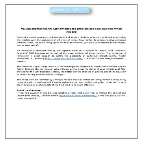 Valuing mental health: Acknowledge the problem and seek out help when ...