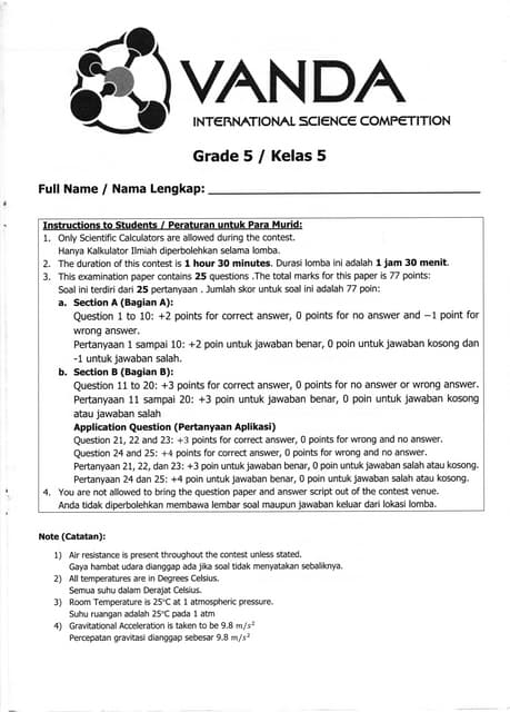 Vanda International Science Competitions Primary Grade 4 | PDF