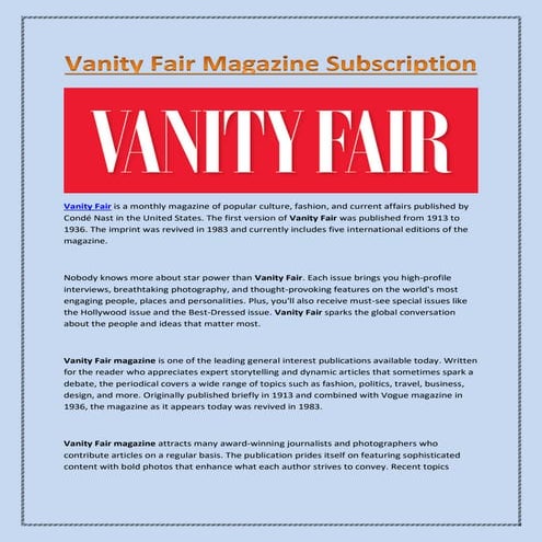Vanity Fair Magazine Subscription | PDF