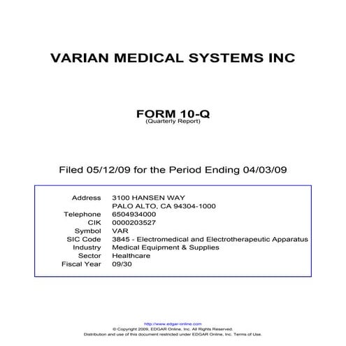 Q1 2009 Earning Report of Varian Medical Systems, Inc. | PDF