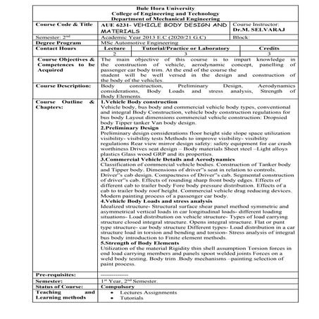 Vehicle Body Design and Materials course outline | PDF