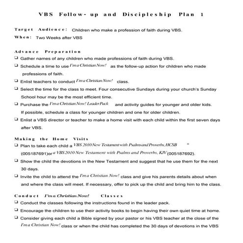 Vbs Followup Plan1 | DOC | Christianity | Religion & Spirituality