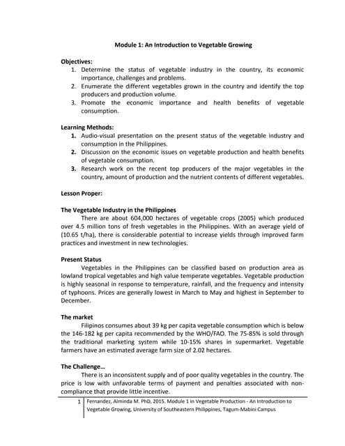 Role of Vegetables in Human Nutrition and National Economy | PPT