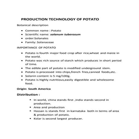 PRODUCTION TECHNOLOGY OF POTATO | DOCX