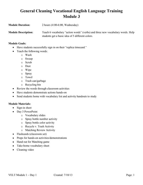 Cleaning Actions Handout Module 3 | DOCX
