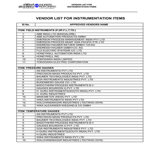 Vendor list-india instrument | PDF
