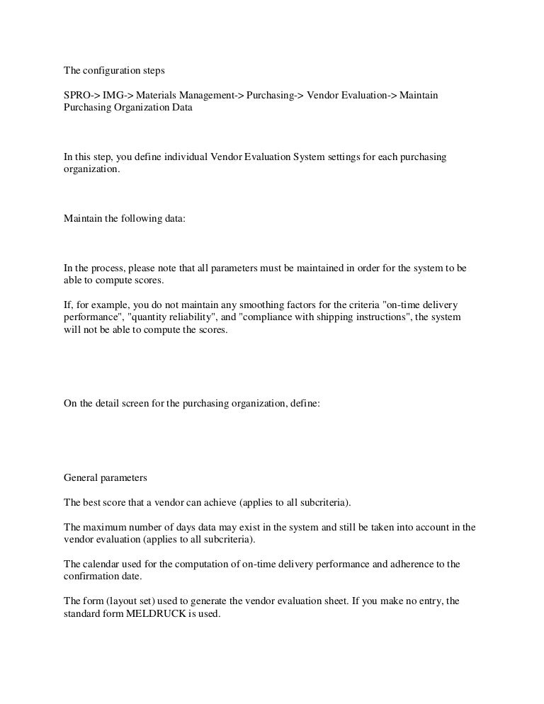 Vendor evaluation config details Vendor evaluation config details
