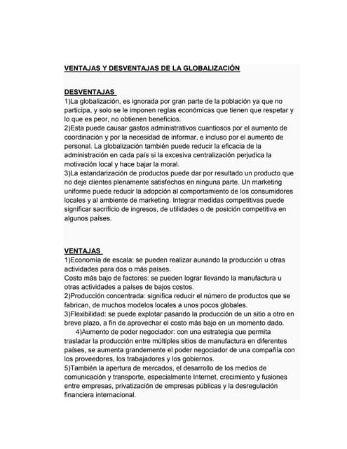 Ventajas Y Desventajas De La Globalizacion En El Marco Del Estado Del