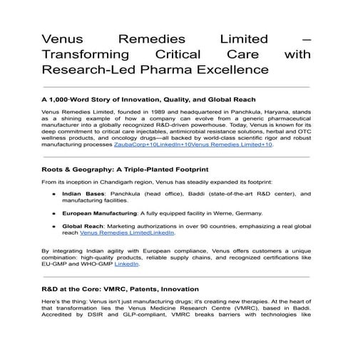 Venus Remedies Limited – Transforming Critical Care with Research-Led ...