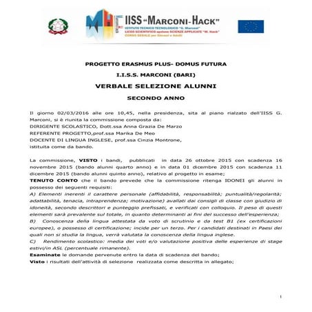 Verbale di selezione secondo anno progetto Erasmus+ Domus Futura | PDF