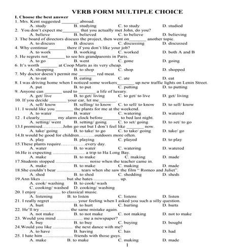 Verb form multiple choice | DOC