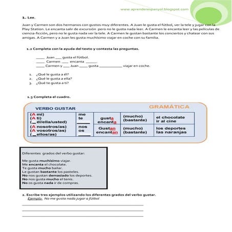 Verbo gustar. Ejercicios y tabla | PDF