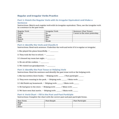 PRACTICA DE VERBOS IRREGULARES Y REGULARES | DOCX
