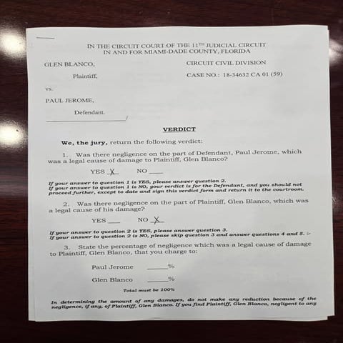 Verdict Form - Glen Blanco v Paul Jerome Miami-Dade Case No. 2018 ...
