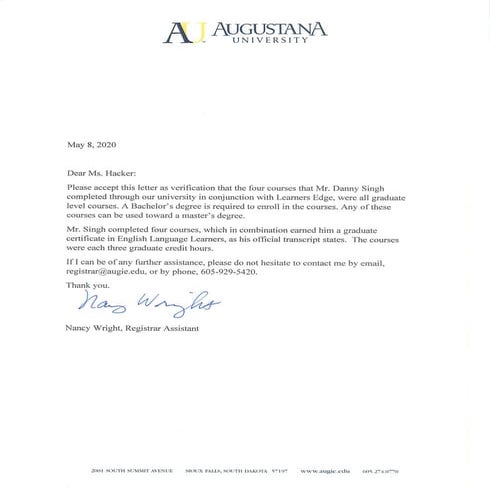 Verification Letter Deepak (Danny) Singh Completed a Graduate ...